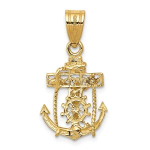 Solid 14k Yellow Gold Anchor Mariners Cross Pendant Jesus Charm - 26mm x 14mm