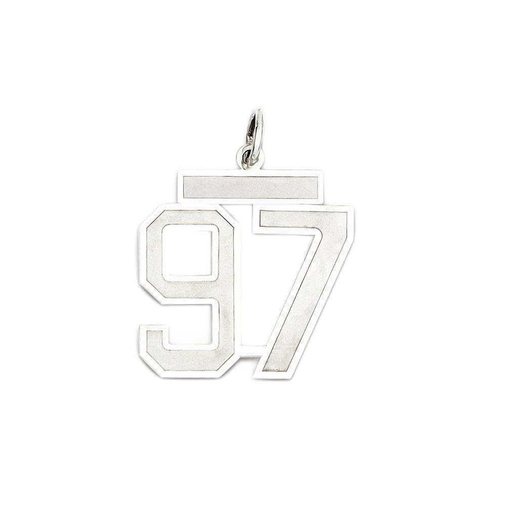 Solid 925 Sterling Silver Medium Number 97 Charm Brushed Matte Finish Pendant - 22mm x 18mm