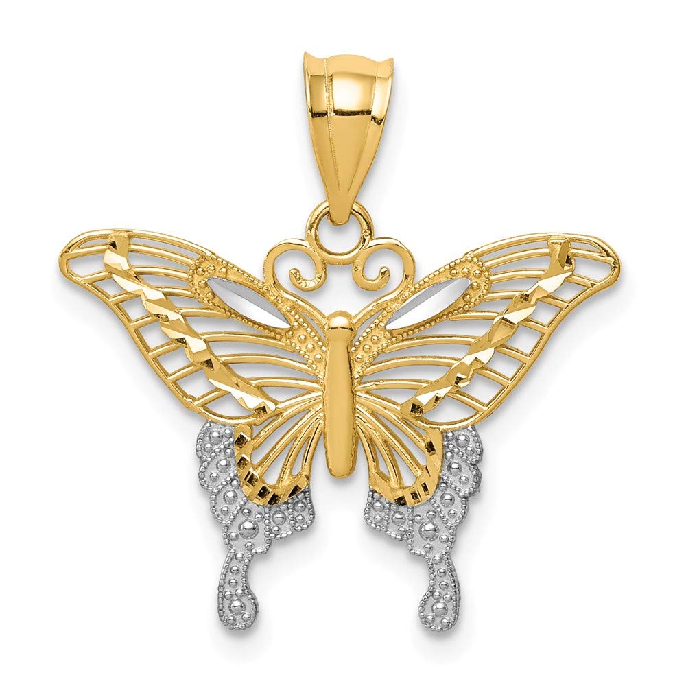 Solid 14k Yellow Gold Two Toned Diamond-cut Butterfly Pendant Charm - 17mm x 22mm