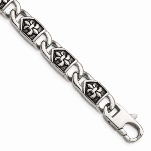 solid stainless steel/vintage antiqued fleur de lis bracelet - with secure lobster lock clasp 8.75"