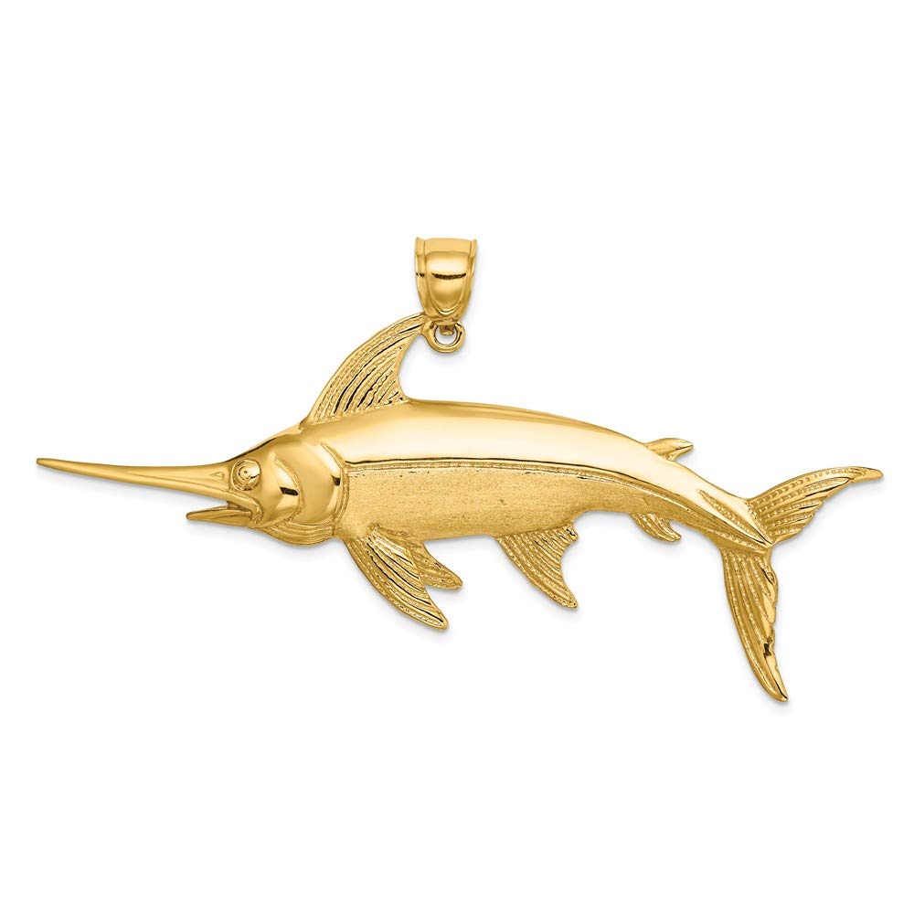 Solid 14k Yellow Gold 2-D Swordfish Charm Brushed Matte Finish Pendant - 28mm x 67mm