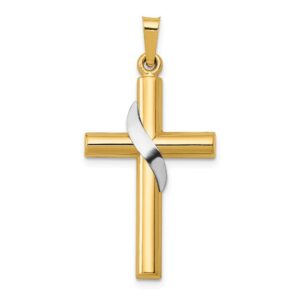 14k yellow and white gold two tone cross charm pendant - 33mm x 16mm