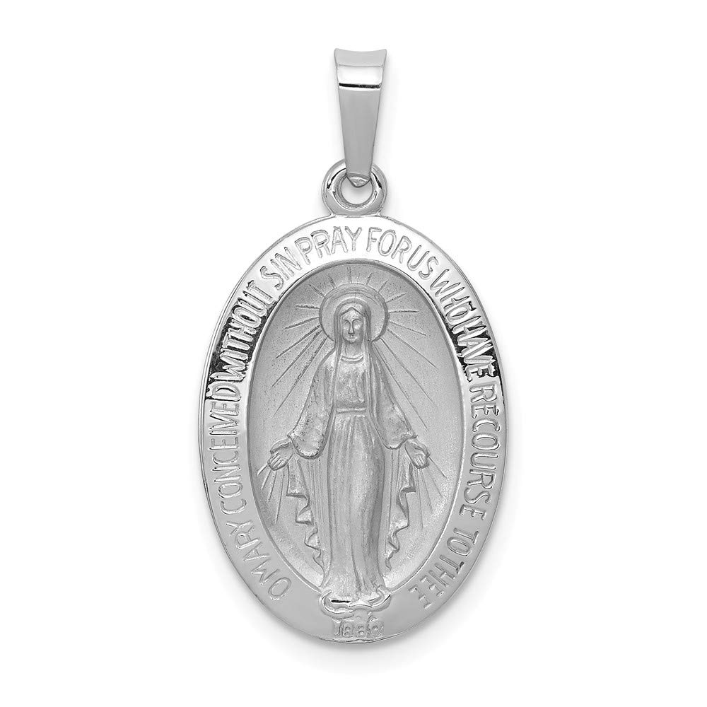 Solid 14k White Gold Virgin Mary Pray for Us Charm Miracle Medal Mary Pendant Charm Medal - 26mm x 15mm