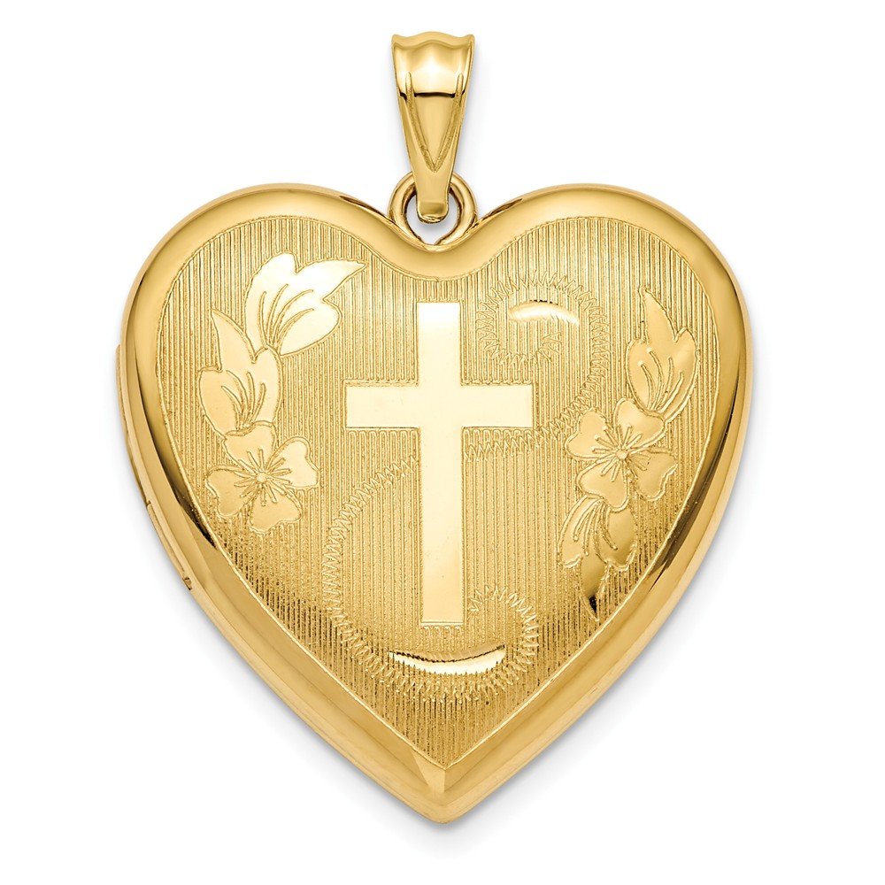 Solid 14k Yellow Gold 24mm Diamond-Cut Cross Ash Holder Heart Locket Pendant - 24mm x 25mm