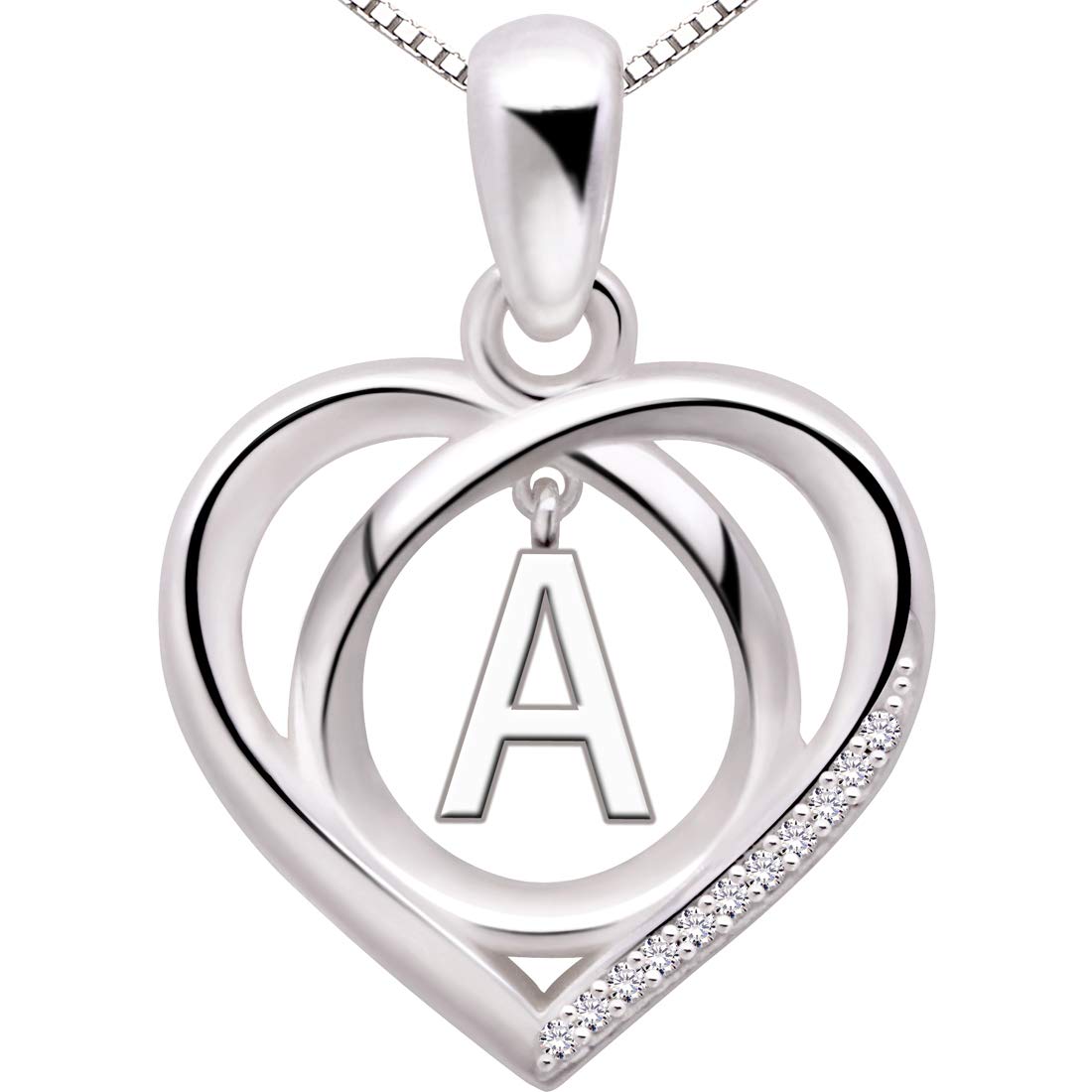 ALOV Jewelry Sterling Silver Initial Letter Alphabet Love Heart Cubic Zirconia Pendant Necklace (A)