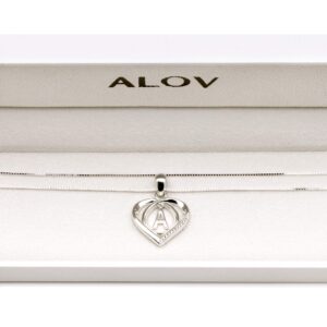 ALOV Jewelry Sterling Silver Initial Letter Alphabet Love Heart Cubic Zirconia Pendant Necklace (A)