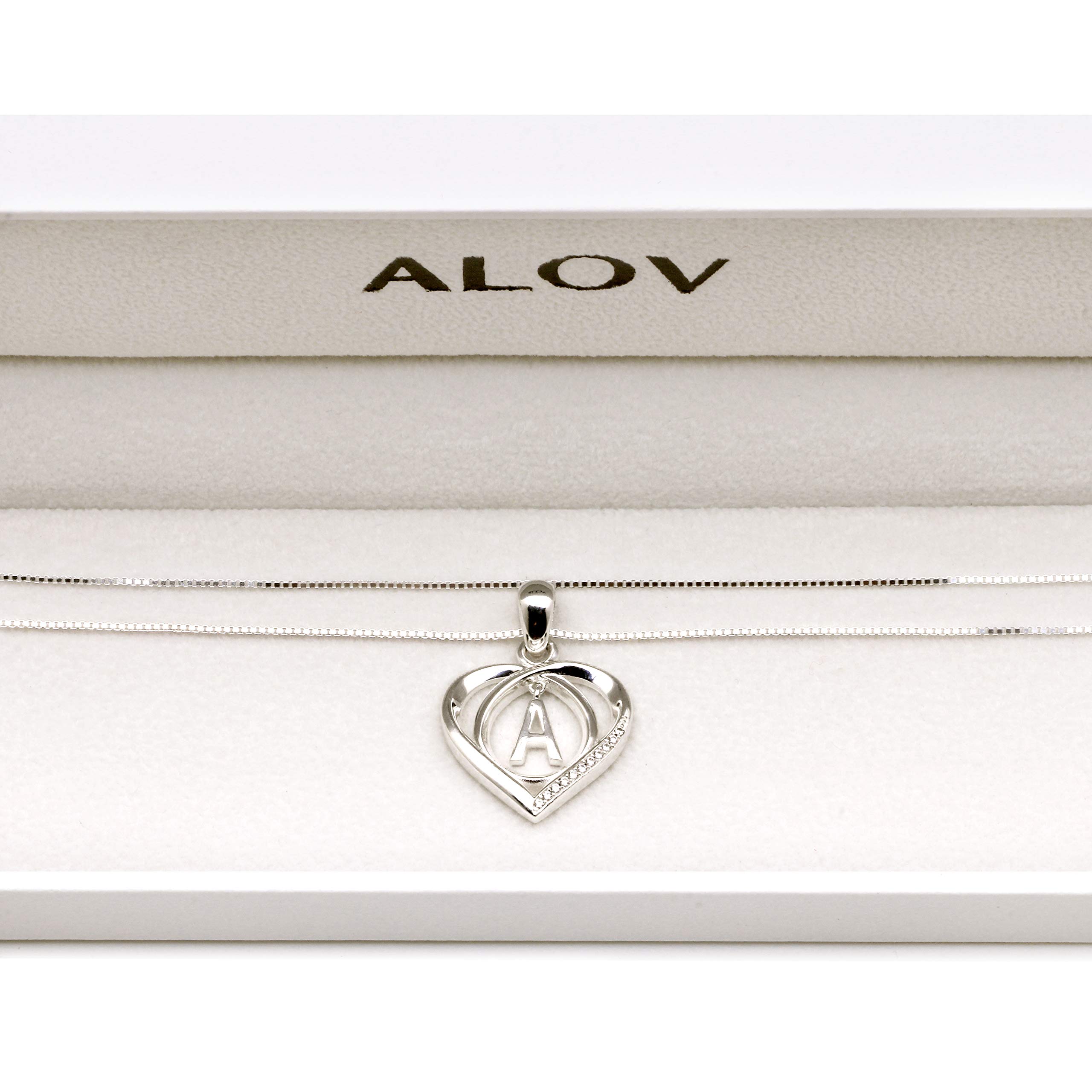 ALOV Jewelry Sterling Silver Initial Letter Alphabet Love Heart Cubic Zirconia Pendant Necklace (A)