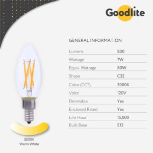 Goodlite C32 LED Chandelier Bulb, Torpedo Tip, 7W (80W Equal), Dimmable, 800 Lumens, Warm White 3000k, 15k Hours, Eco-Friendly, Ideal for Candelabra & Decorative Lighting, E12 Base, 1ct. (G-20143)