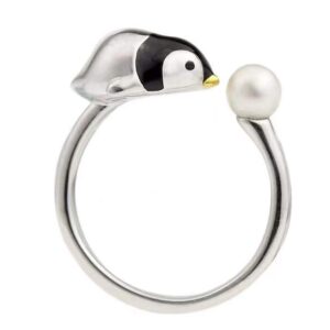 adjustable solid sterling silver with rhodium plated ring setting for half drilled pearl or bead, enamel pearl mounts, penguin ring blank