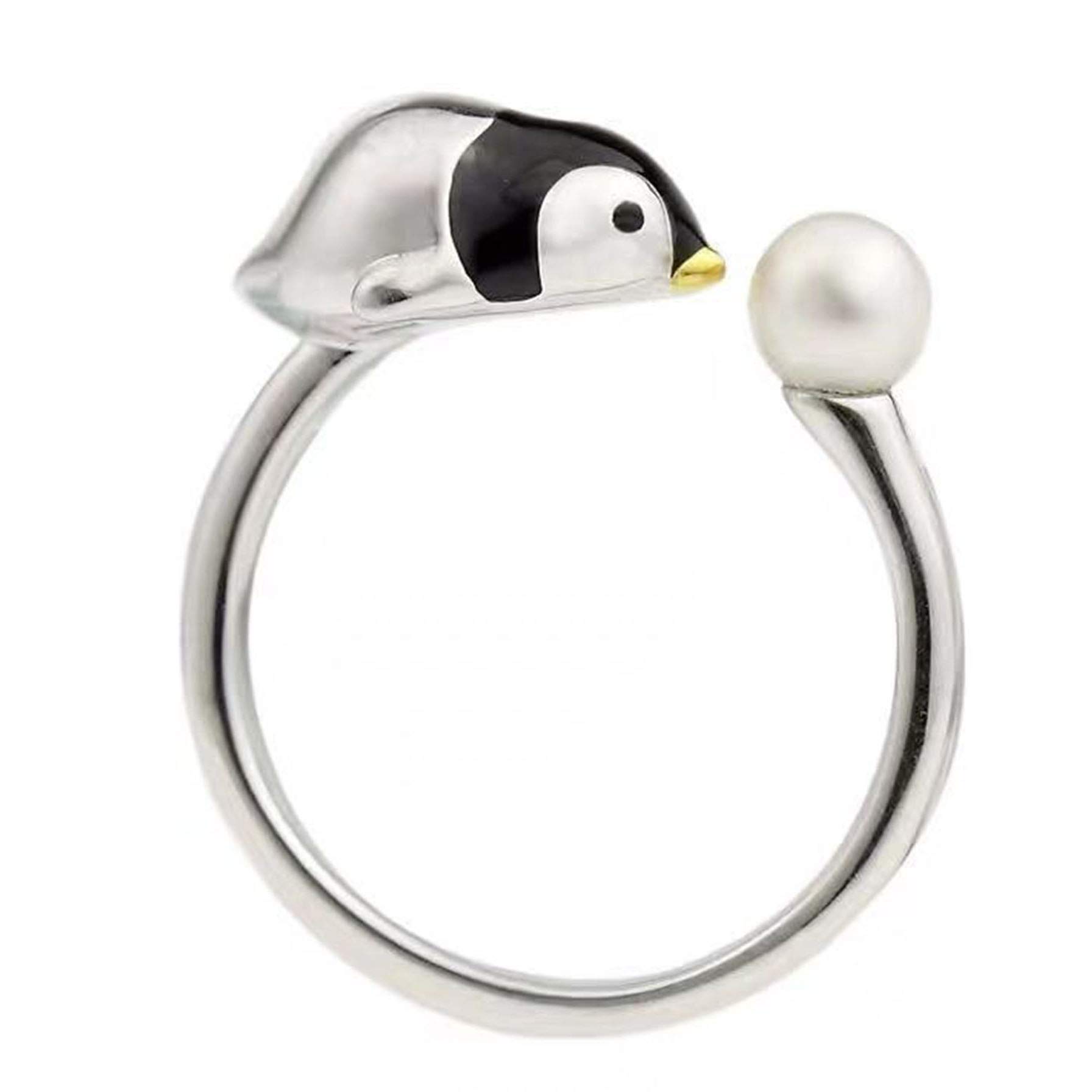 Adjustable solid sterling silver with Rhodium plated ring setting for half drilled pearl or bead, enamel pearl mounts, penguin ring blank