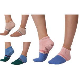 aprilaugust non slip grip ankle socks for yoga, pilates, barre, barefoot training and running (g_pink + beige + blue (3pairs), s/m)