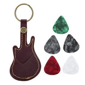 bnineteenteam guitar shaped guitar picks holder case pu leather guitar plectrum holder with 5pcs colorful picks for guitar players(brown) performance accessory