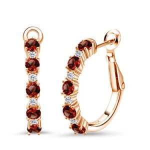 Gem Stone King 18K Rose Gold Plated Silver Red Garnet and White Topaz Hoop Earrings For Women (1.82 Cttw, Gemstone Birthstone, Round Cut 3MM and 1.8MM, 3/7 Inch Diameter)