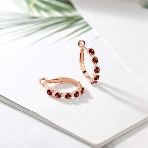 Gem Stone King 18K Rose Gold Plated Silver Red Garnet and White Topaz Hoop Earrings For Women (1.82 Cttw, Gemstone Birthstone, Round Cut 3MM and 1.8MM, 3/7 Inch Diameter)