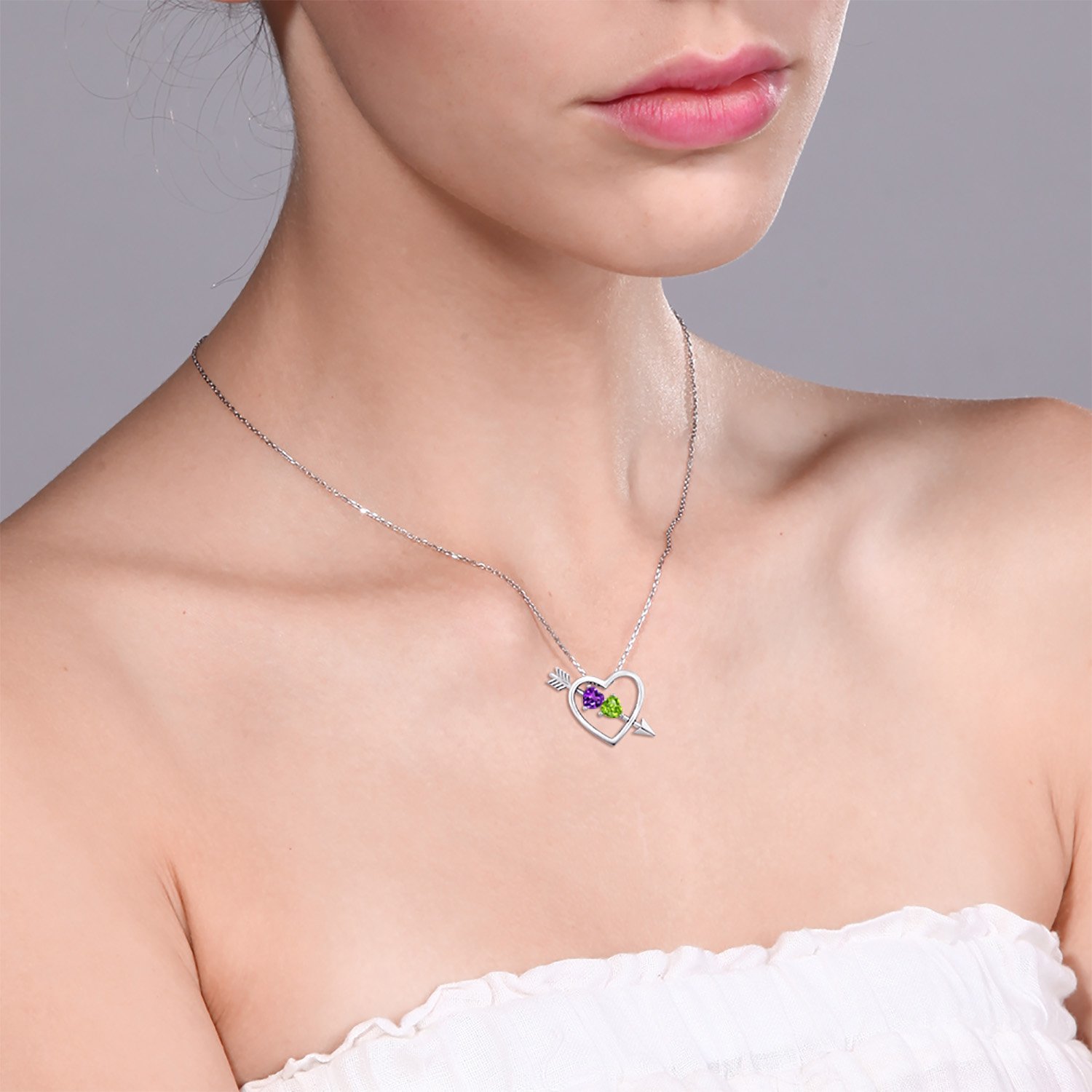 Gem Stone King 925 Sterling Silver Purple Amethyst and Green Peridot Heart and Arrow Women's Pendant Necklace For Women (0.90 Cttw, with 18 Inch Silver Chain)