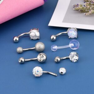 FECTAS 14g Belly Button Rings Surgical Steel CZ with Retainers Navel Ring Barbell for Women Body Piercing Jewelry Rose Gold Silver