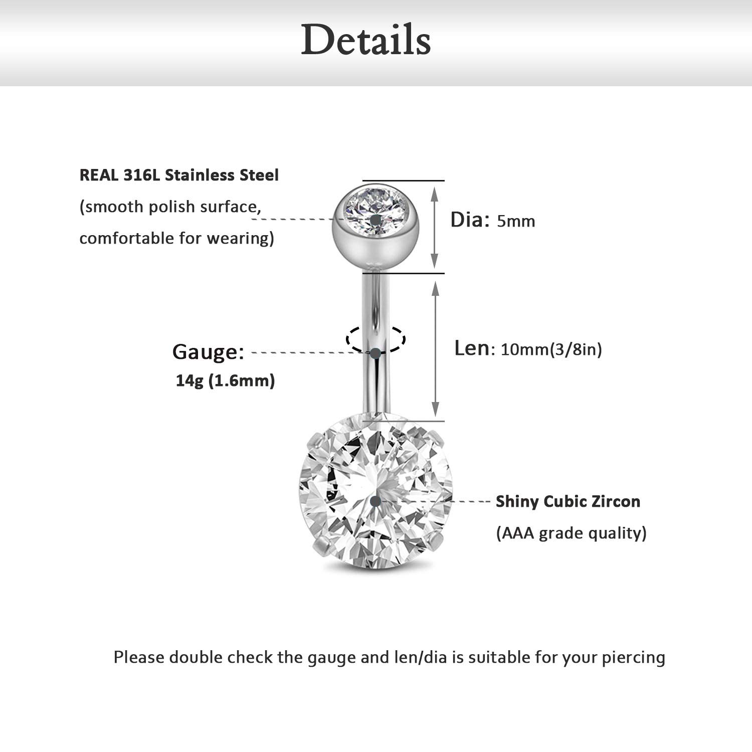 FECTAS 14g Belly Button Rings Surgical Steel CZ with Retainers Navel Ring Barbell for Women Body Piercing Jewelry Rose Gold Silver