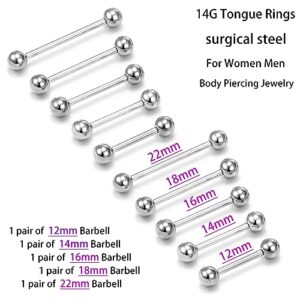 Prjndjw 14G Surgical Steel Nipple Rings Tongue Rings Cartilage Earring Straight Barbell Body Piercing Jewelry for Women Men Length 12MM 14MM 16MM 18MM 22MM BarBell Piercings