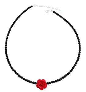 cf100 black choker with red rose, 925 sterling silver black spinel beads flower red rose choker 13+2” (red rose