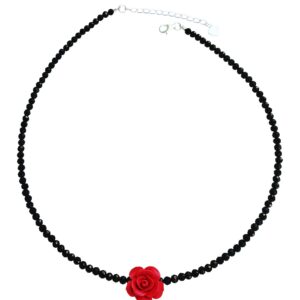 CF100 Black Choker With Red Rose, 925 Sterling Silver Black Spinel Beads Flower Red Rose Choker 13+2” (Red Rose