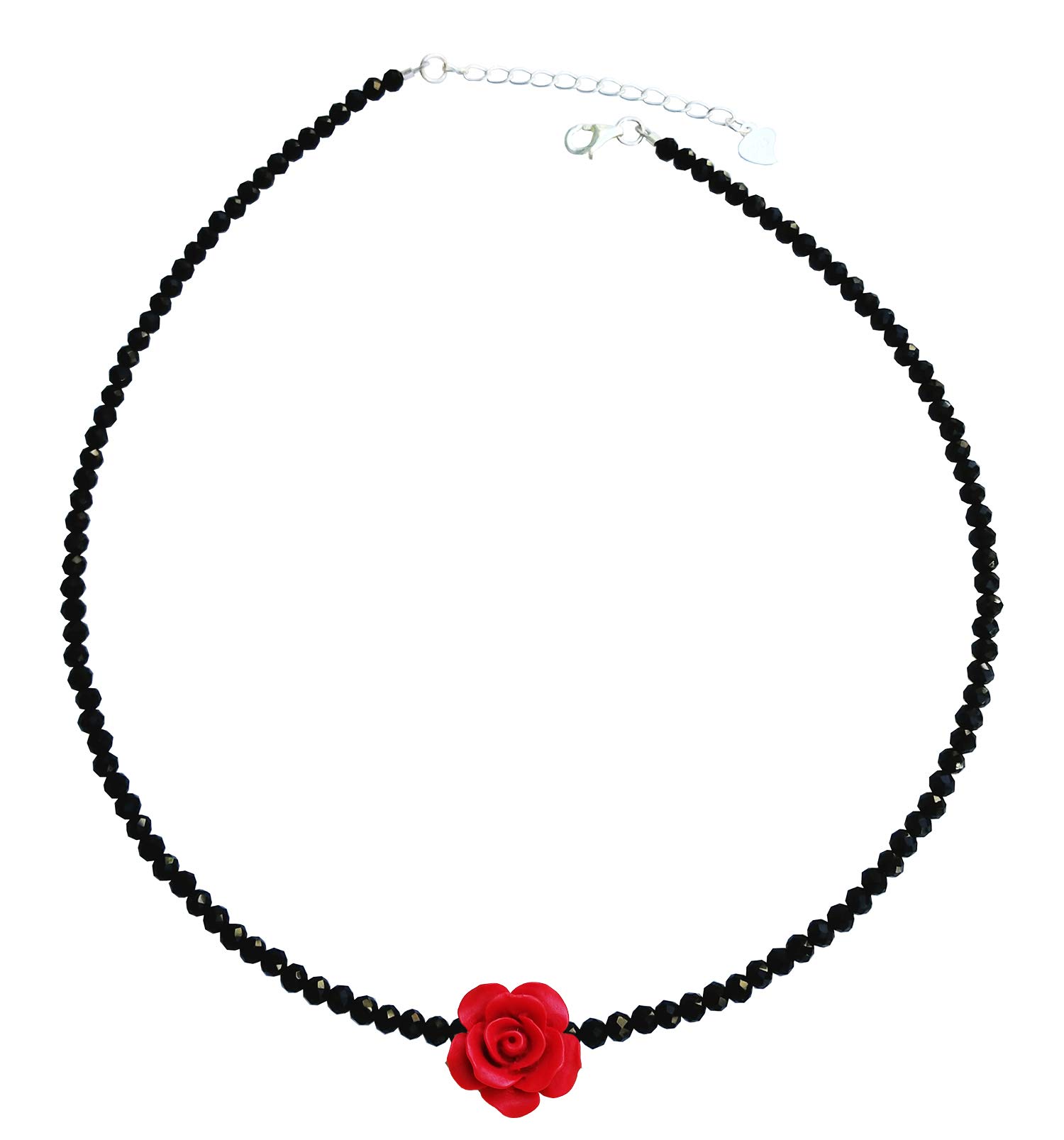 CF100 Black Choker With Red Rose, 925 Sterling Silver Black Spinel Beads Flower Red Rose Choker 13+2” (Red Rose