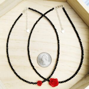 CF100 Black Choker With Red Rose, 925 Sterling Silver Black Spinel Beads Flower Red Rose Choker 13+2” (Red Rose