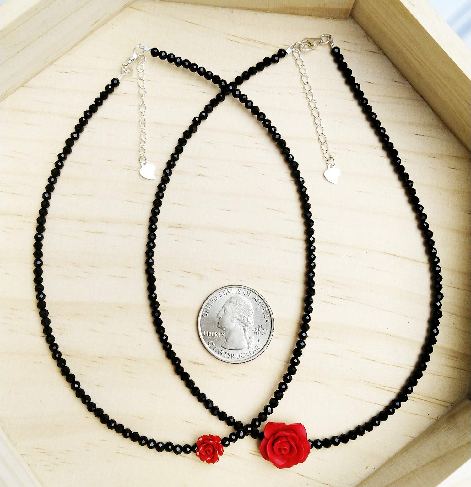 CF100 Black Choker With Red Rose, 925 Sterling Silver Black Spinel Beads Flower Red Rose Choker 13+2” (Red Rose