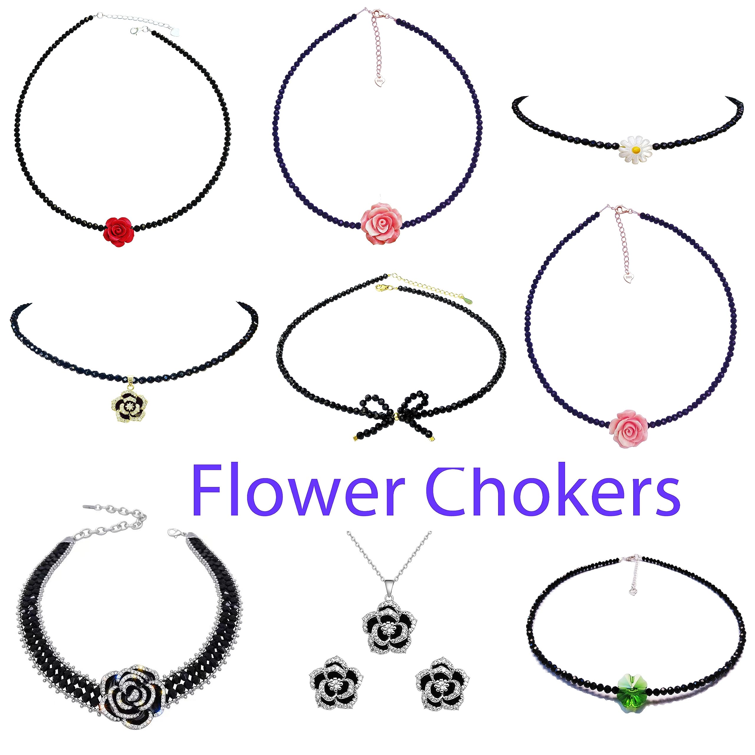 CF100 Black Choker With Red Rose, 925 Sterling Silver Black Spinel Beads Flower Red Rose Choker 13+2” (Red Rose