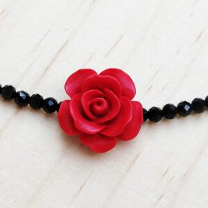 CF100 Black Choker With Red Rose, 925 Sterling Silver Black Spinel Beads Flower Red Rose Choker 13+2” (Red Rose