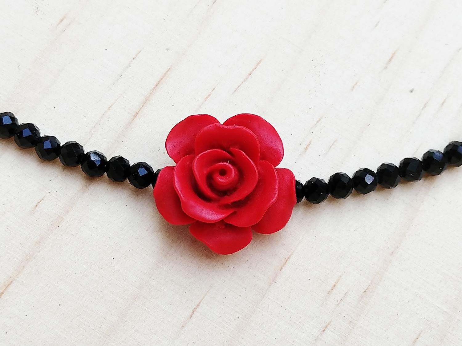 CF100 Black Choker With Red Rose, 925 Sterling Silver Black Spinel Beads Flower Red Rose Choker 13+2” (Red Rose