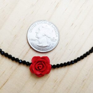 CF100 Black Choker With Red Rose, 925 Sterling Silver Black Spinel Beads Flower Red Rose Choker 13+2” (Red Rose