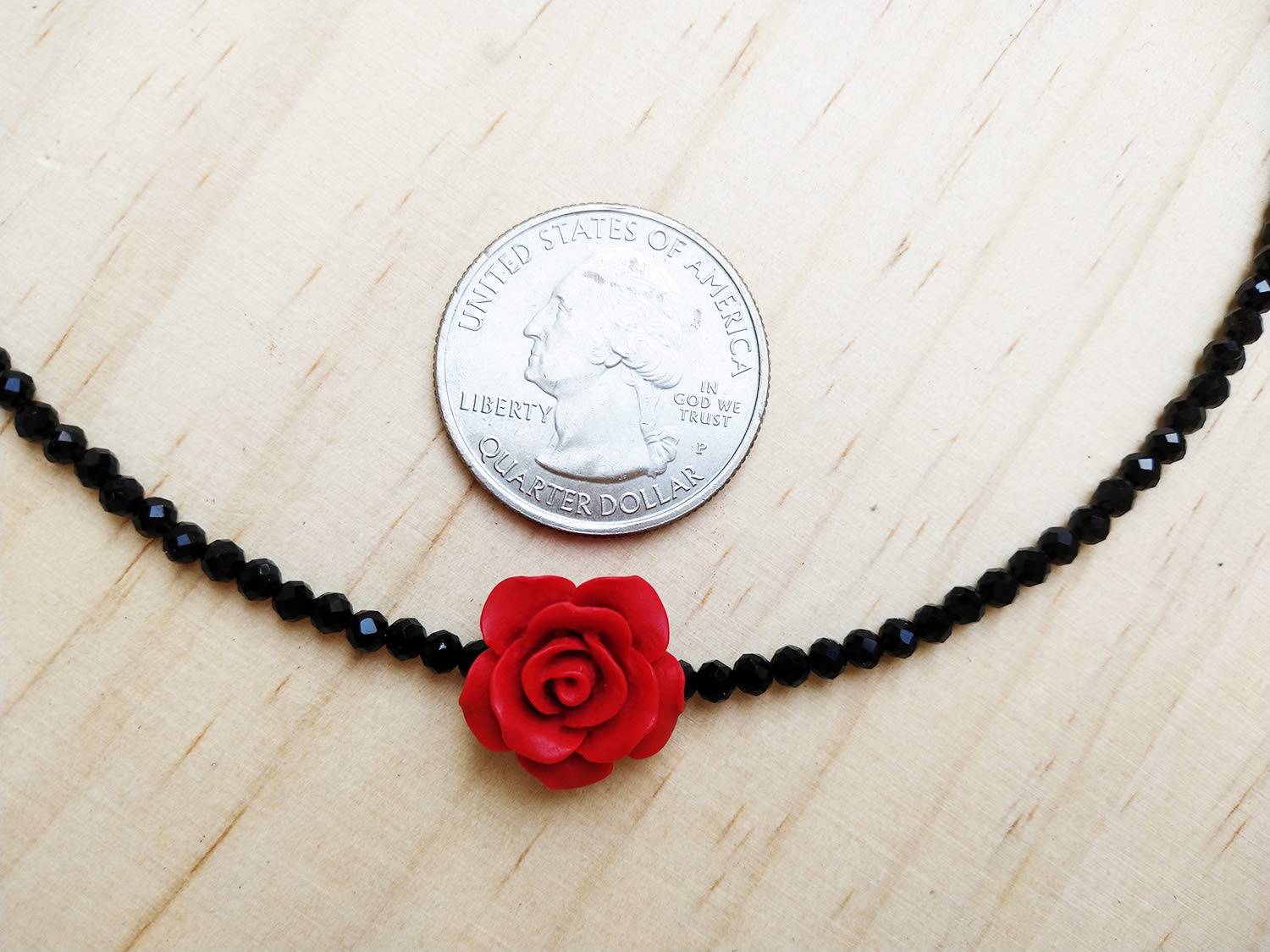 CF100 Black Choker With Red Rose, 925 Sterling Silver Black Spinel Beads Flower Red Rose Choker 13+2” (Red Rose