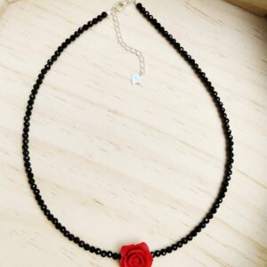 CF100 Black Choker With Red Rose, 925 Sterling Silver Black Spinel Beads Flower Red Rose Choker 13+2” (Red Rose