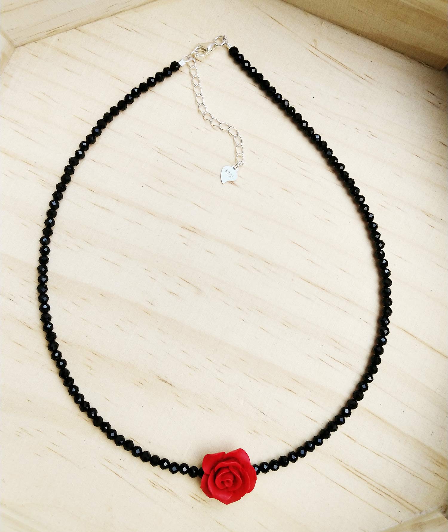 CF100 Black Choker With Red Rose, 925 Sterling Silver Black Spinel Beads Flower Red Rose Choker 13+2” (Red Rose