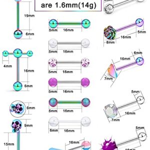 Prjndjw 14G Surgical Steel Tongue Rings for Women Men Teaser Double Barbell with Slave Ring Skull/Flower/Silicone Soft Spike Ball/CZ/Door Knocker/Pill Tongue Ring Piercing Jewelry 5/8inch Rainbow