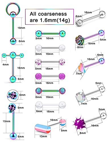 Prjndjw 14G Surgical Steel Tongue Rings for Women Men Teaser Double Barbell with Slave Ring Skull/Flower/Silicone Soft Spike Ball/CZ/Door Knocker/Pill Tongue Ring Piercing Jewelry 5/8inch Rainbow