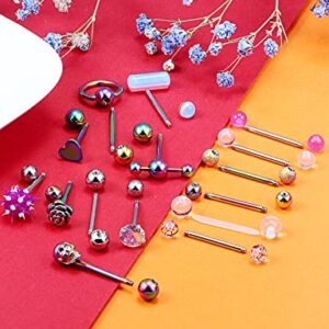 Prjndjw 14G Surgical Steel Tongue Rings for Women Men Teaser Double Barbell with Slave Ring Skull/Flower/Silicone Soft Spike Ball/CZ/Door Knocker/Pill Tongue Ring Piercing Jewelry 5/8inch Rainbow