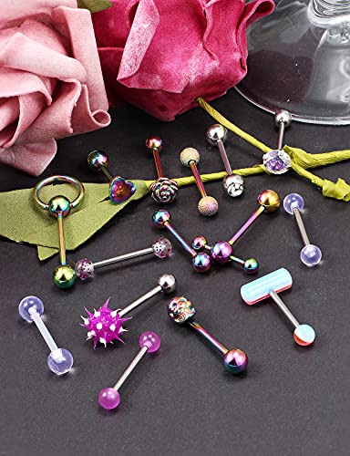 Prjndjw 14G Surgical Steel Tongue Rings for Women Men Teaser Double Barbell with Slave Ring Skull/Flower/Silicone Soft Spike Ball/CZ/Door Knocker/Pill Tongue Ring Piercing Jewelry 5/8inch Rainbow