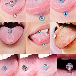 Prjndjw 14G Surgical Steel Tongue Rings for Women Men Teaser Double Barbell with Slave Ring Skull/Flower/Silicone Soft Spike Ball/CZ/Door Knocker/Pill Tongue Ring Piercing Jewelry 5/8inch Rainbow