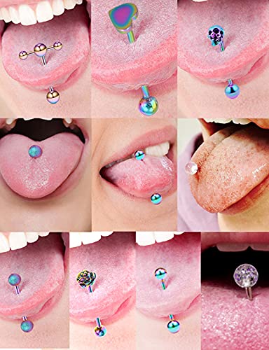 Prjndjw 14G Surgical Steel Tongue Rings for Women Men Teaser Double Barbell with Slave Ring Skull/Flower/Silicone Soft Spike Ball/CZ/Door Knocker/Pill Tongue Ring Piercing Jewelry 5/8inch Rainbow