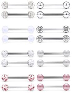 prjndjw 8 pairs 14g nipple rings surgical steel tongue rings barbell nipplering body piercing jewelry retainer for women men 16mm length