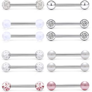 Prjndjw 8 Pairs 14G Nipple Rings Surgical Steel Tongue Rings Barbell Nipplering Body Piercing Jewelry Retainer for Women Men 16mm Length