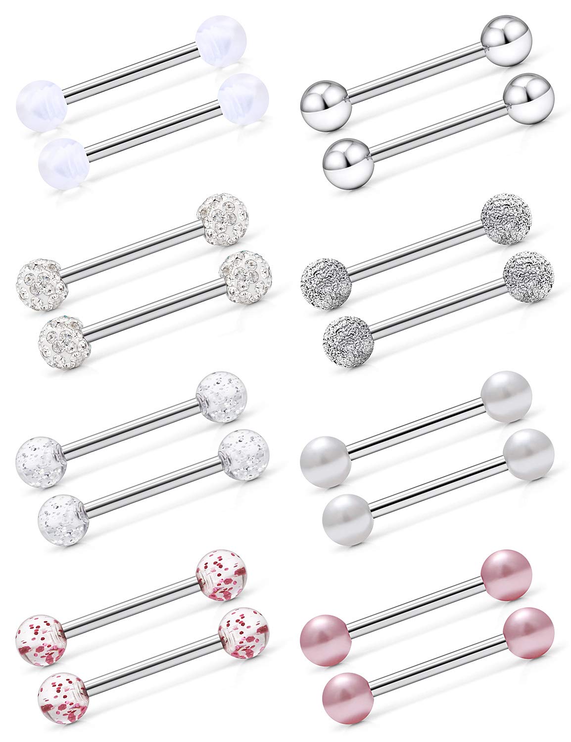 Prjndjw 8 Pairs 14G Nipple Rings Surgical Steel Tongue Rings Barbell Nipplering Body Piercing Jewelry Retainer for Women Men 16mm Length