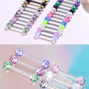 Prjndjw 24Pcs 14G Nipple Piercing Jewelry Tongue Rings Surgical Steel Straight Barbells Piercing Jewelry 12MM for Women Men Glow in The Dark