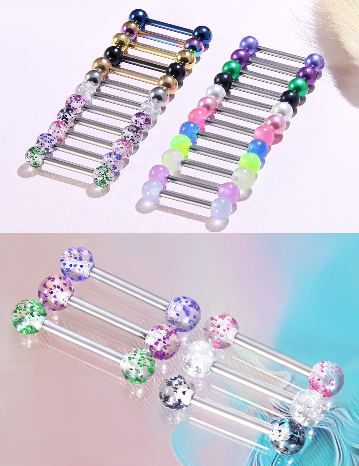 Prjndjw 24Pcs 14G Nipple Piercing Jewelry Tongue Rings Surgical Steel Straight Barbells Piercing Jewelry 12MM for Women Men Glow in The Dark