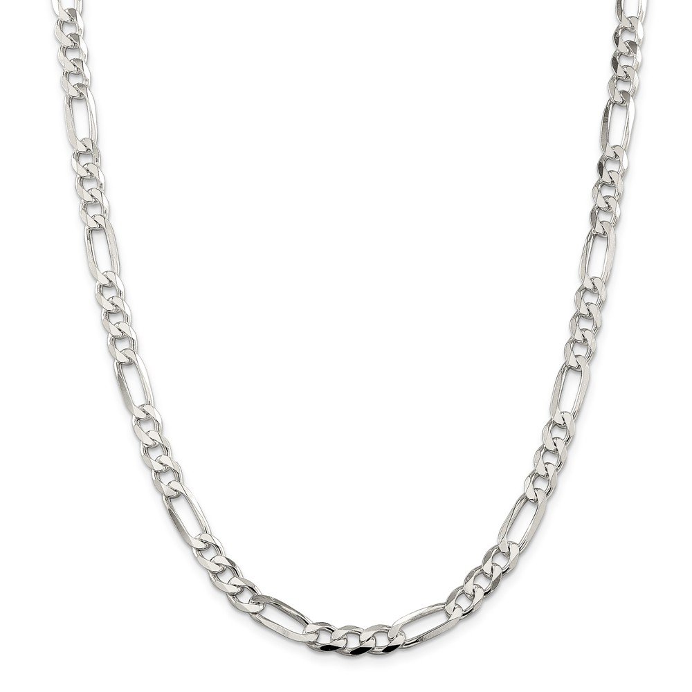 Solid 925 Sterling Silver 7mm Pave Flat Figaro Chain Necklace - with Secure Lobster Lock Clasp 20"