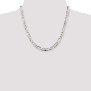 Solid 925 Sterling Silver 7mm Pave Flat Figaro Chain Necklace - with Secure Lobster Lock Clasp 20"