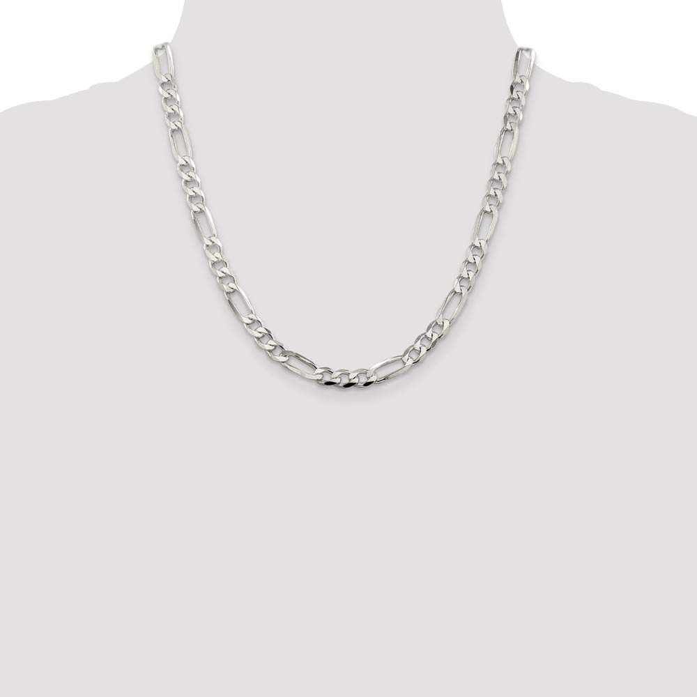 Solid 925 Sterling Silver 7mm Pave Flat Figaro Chain Necklace - with Secure Lobster Lock Clasp 20"