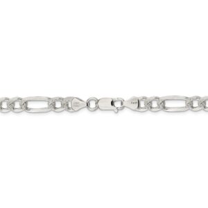 Solid 925 Sterling Silver 7mm Pave Flat Figaro Chain Necklace - with Secure Lobster Lock Clasp 20"