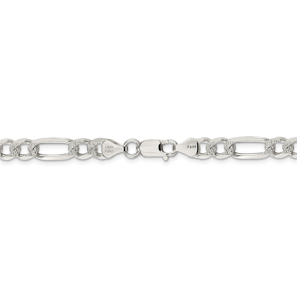 Solid 925 Sterling Silver 7mm Pave Flat Figaro Chain Necklace - with Secure Lobster Lock Clasp 20"